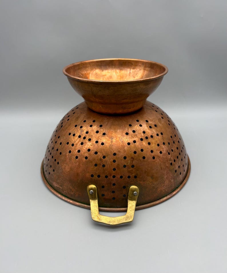 Vintage Copper Colander Pedestal Base Steel Lined Brass Handles Made in ...