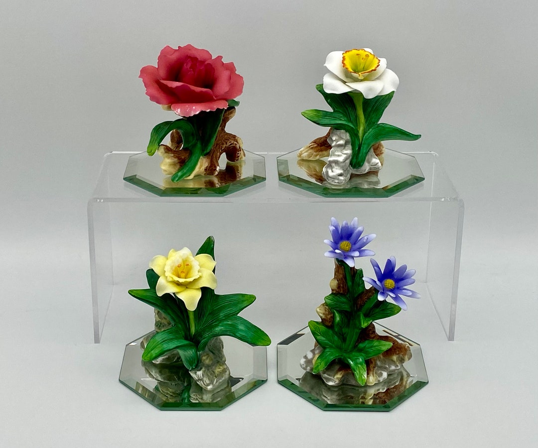 Vintage Cosmos Gifts Porcelain Flower Figurines on Mirror - Set of 4 ...