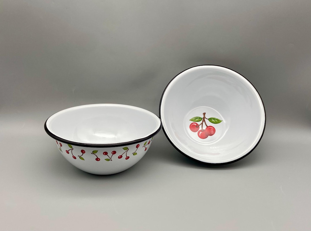 Mary Engelbreit Cherry Enamelware Bowls - Cottage Kitchen Set of 2 - Etsy