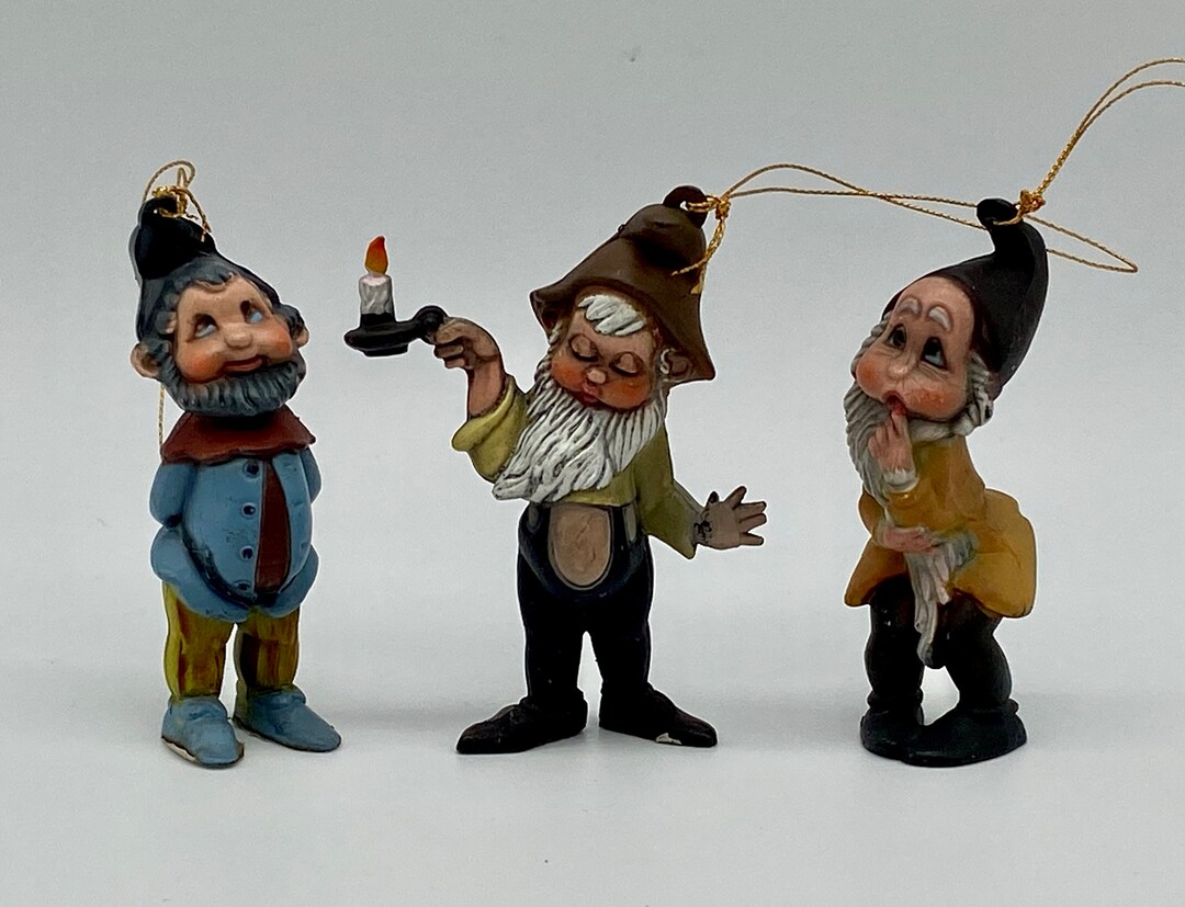 3 Gnome Elf Christmas Tree Ornaments Vintage 1970s, Cast Resin Hand ...