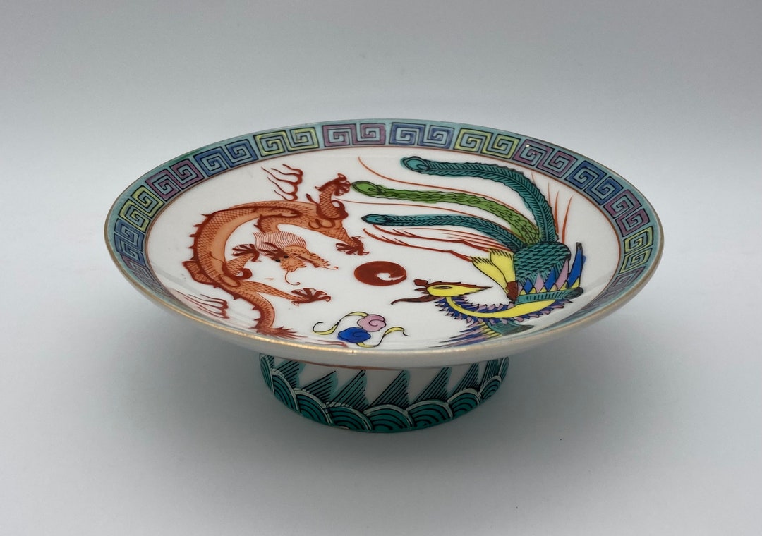 Dragon and Phoenix Porcelain Foot Dish With Bats Waves Vintage 1960s ...