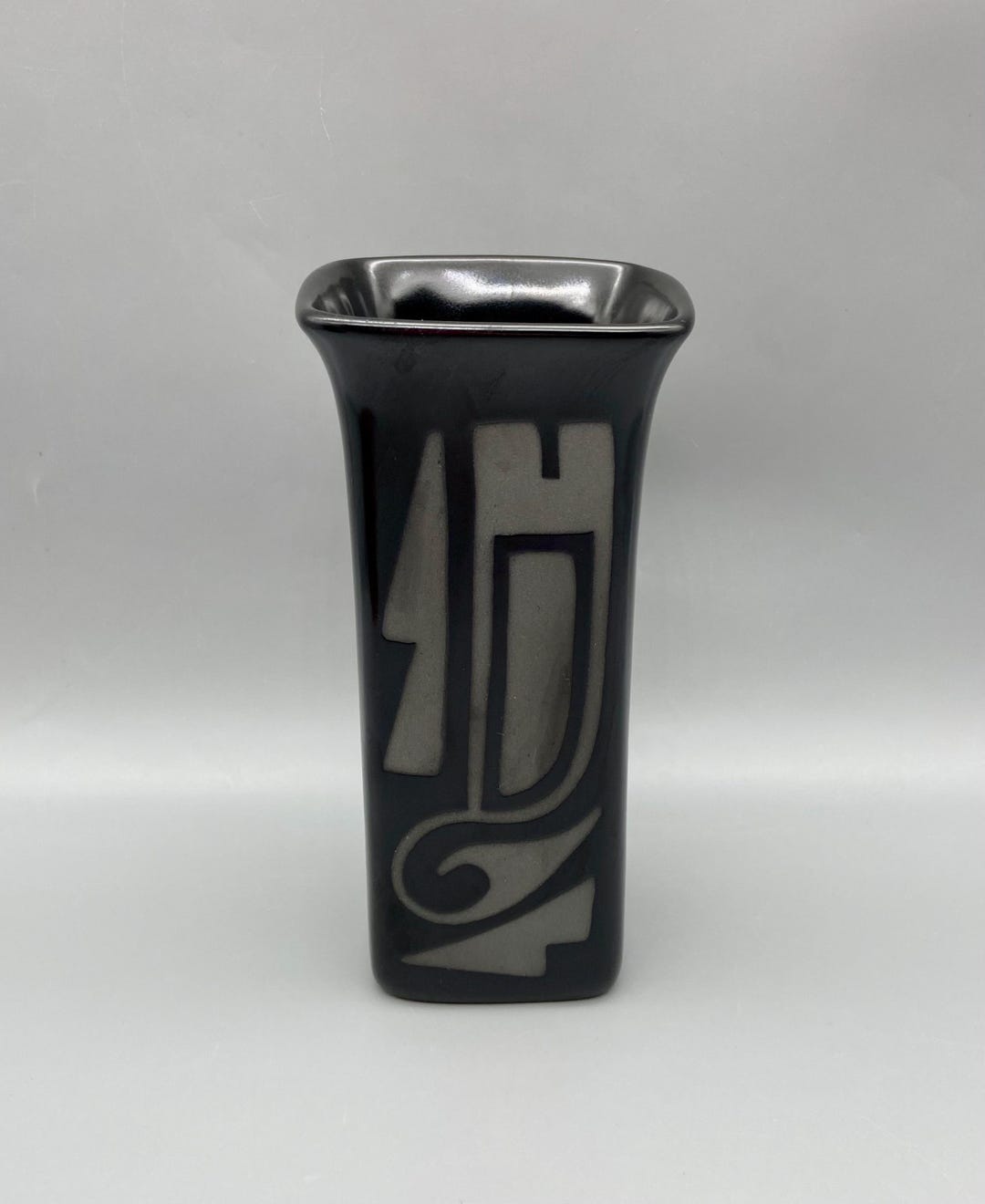 Pueblo Santa Clara Pottery Vase Black With Incised Design Square Shape ...