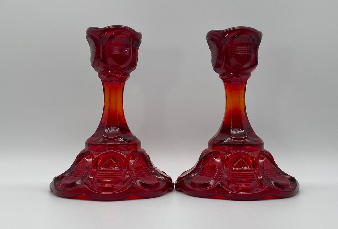 Fenton Glass Barred Oval Ruby Candlestick Holders/candle Holders Pair ...