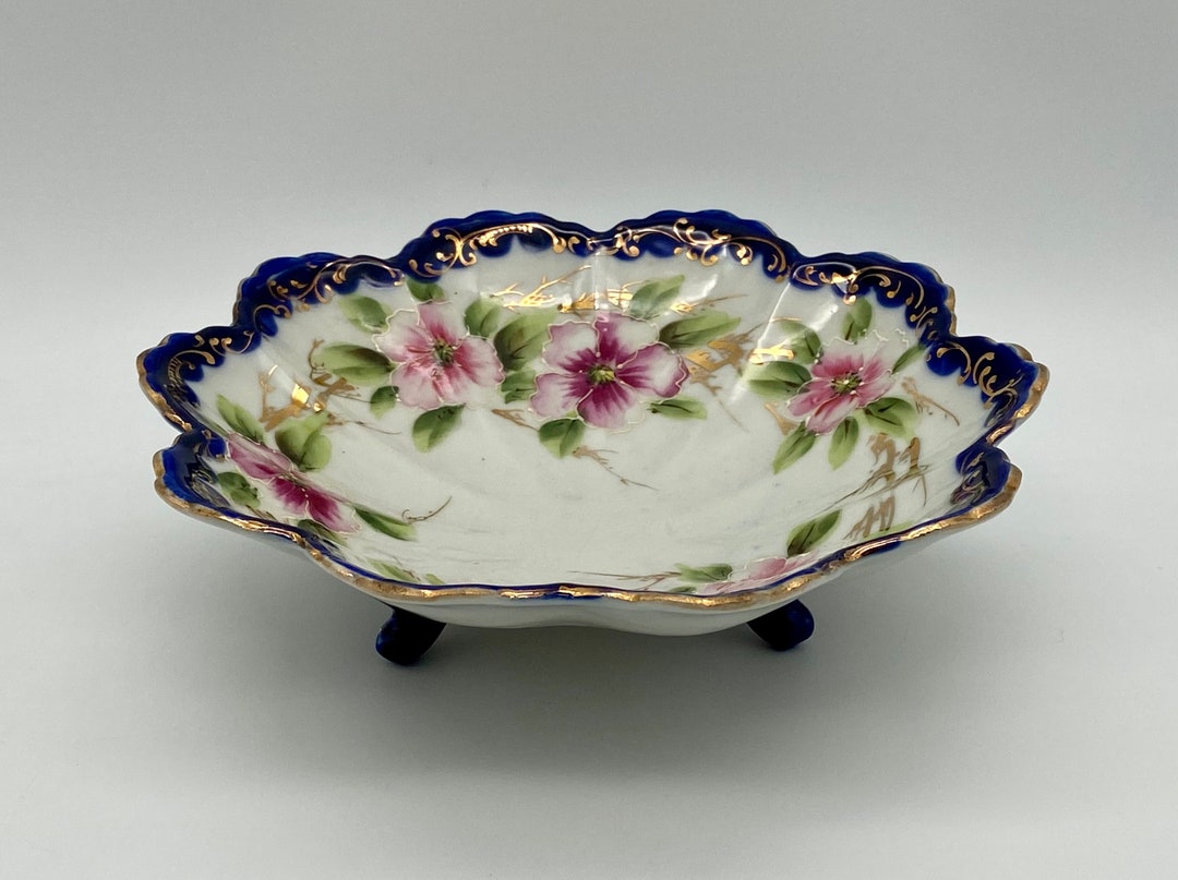 Vintage Japanese Porcelain Kutani Ware Footed Bowl Hand Painted Pink ...