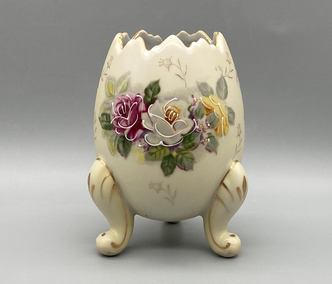 INARCO Cracked Egg Footed Vase #E-116/M Vintage 1962 Multicolored Roses ...