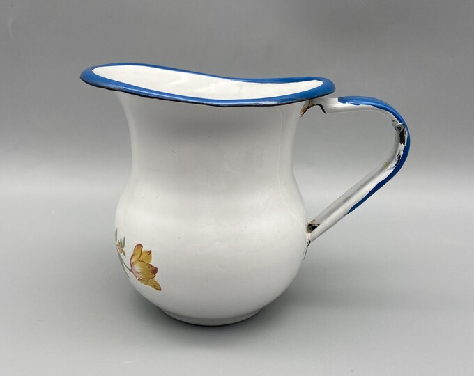 Enamelware Small Pitcher White With Blue Rim Handle Multicolored Floral ...