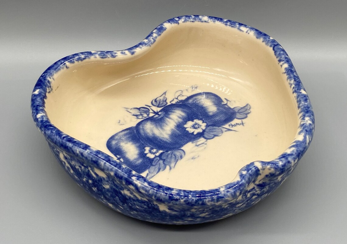 Ellis Pottery Blue Spongeware Apple Shaped Dish Hand Painted - Etsy