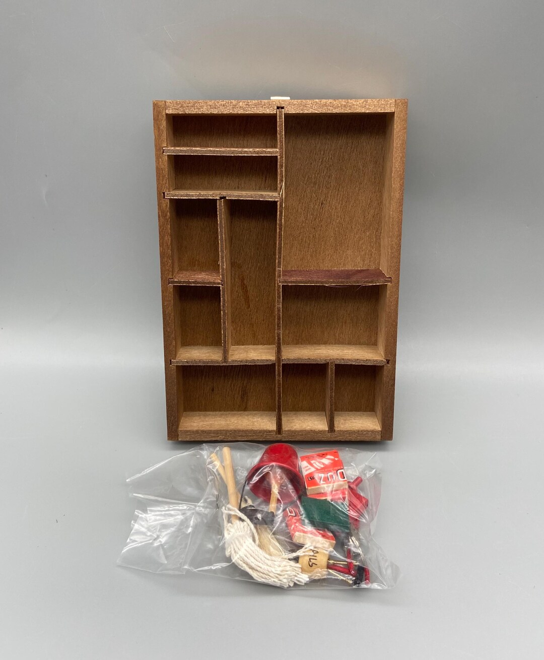 Vintage Miniatures Collection & Wood Shelf, Red Metal Tools Home ...