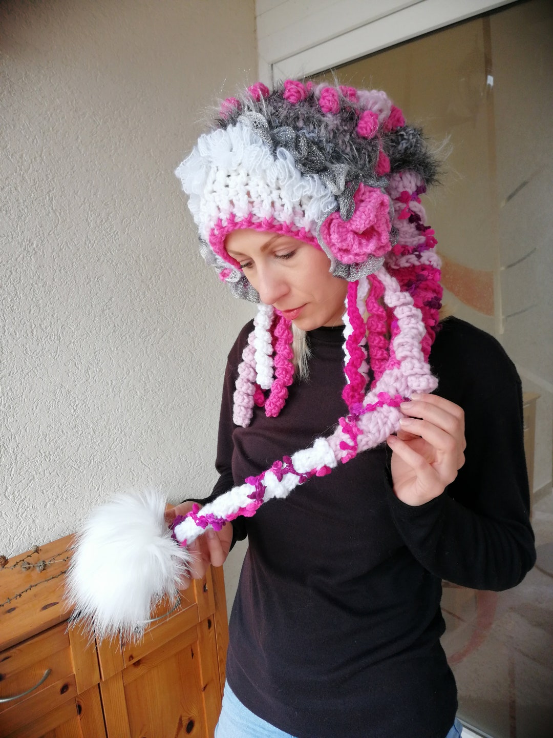 Crochet Long Tail Hat /fairy Tale Hat in Shadows of Pink - Etsy
