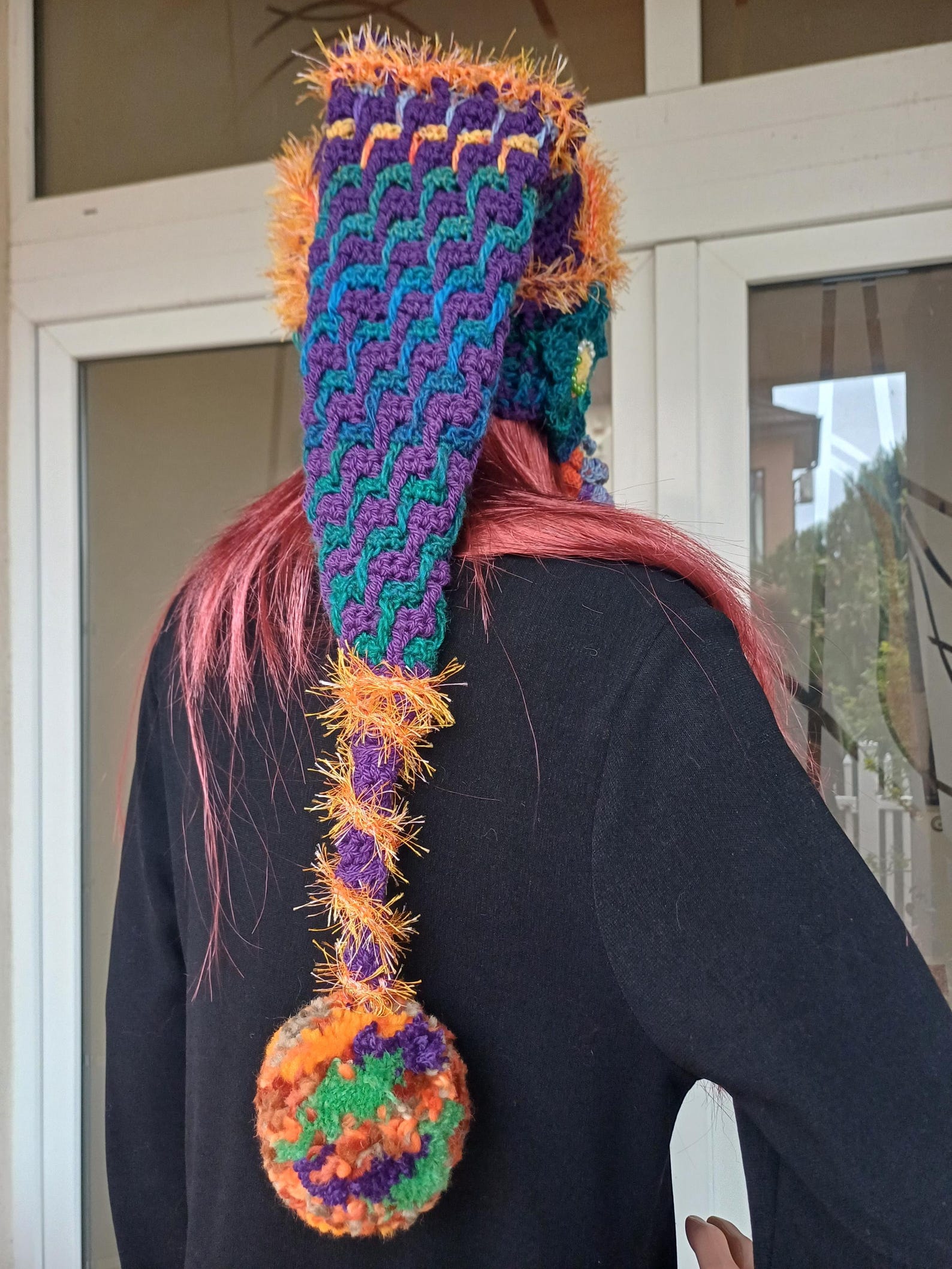 Crochet Long Tail HAT With Flowers/winter Pixie Hat /purple, Orange ...