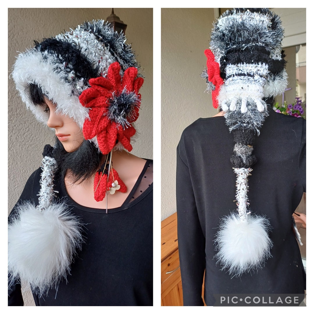 Crochet Long Tail Hat /fairy Tale Hat in Black and White With a Big Red ...