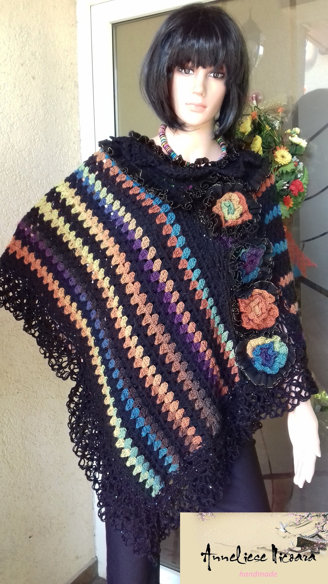 Crochet Poncho /women Elegant Poncho in Black & - Etsy