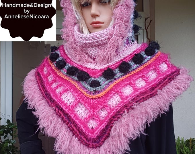 Hooded Cape/crochet Mini Poncho With Hood and Collar/bohemian Hooded ...