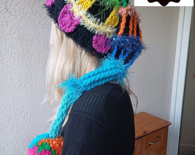 Crochet Long Tail Hat/black and Rainbow Colors Hat /winter Hat /pixie ...