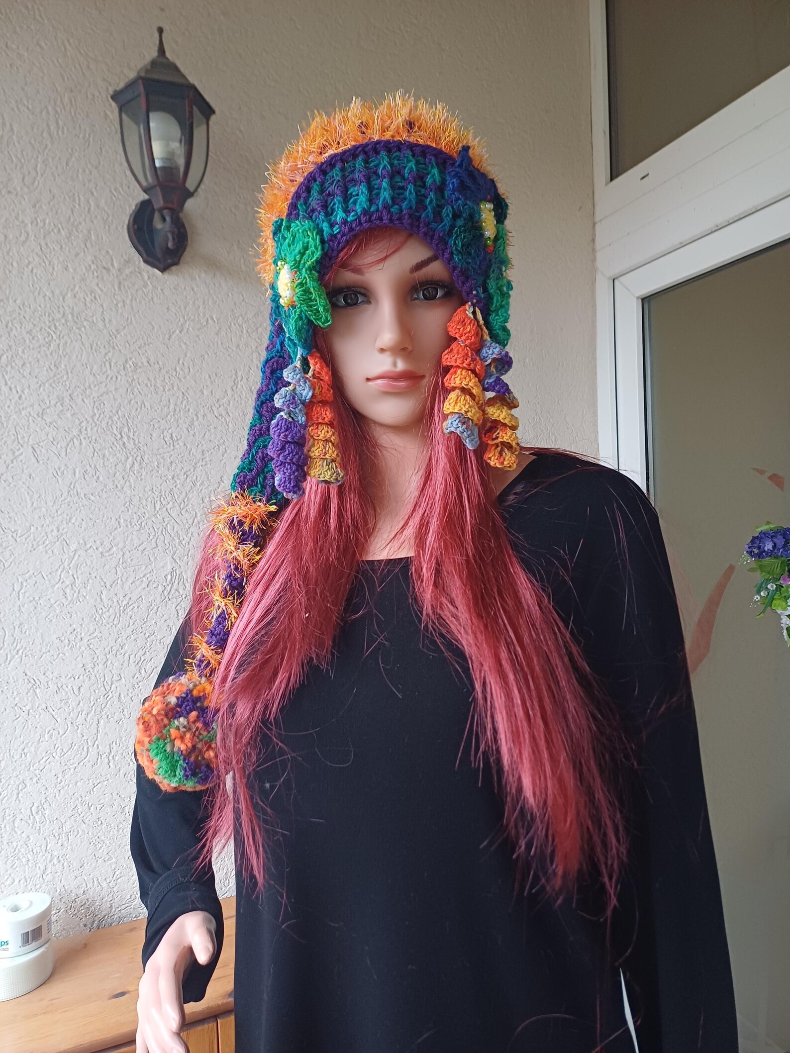 Crochet Long Tail HAT With Flowers/winter Pixie Hat /purple, Orange ...