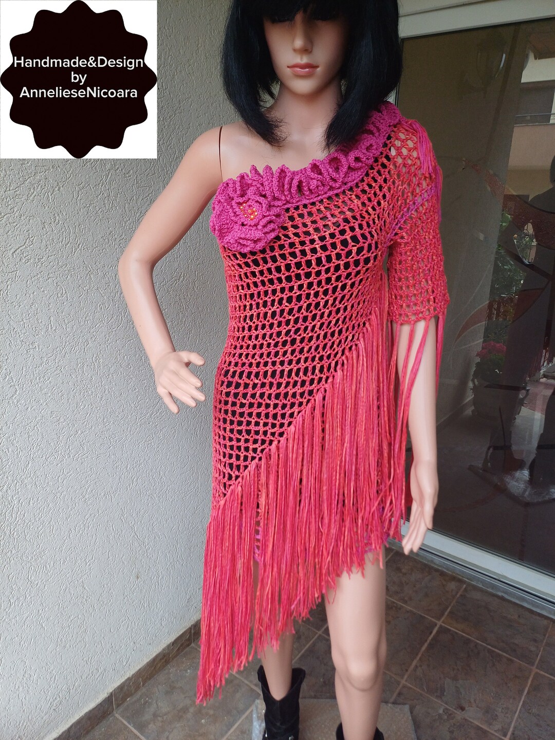 Asymmetric Mini Dress With One Sleeve, Bare Shoulder and Long Fringes ...