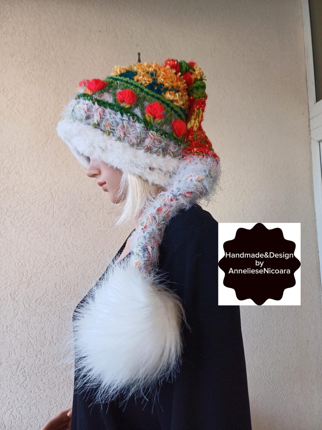 Crochet Long Tail HAT With Flowers/winter Pixie Hat in Wool and Efect ...