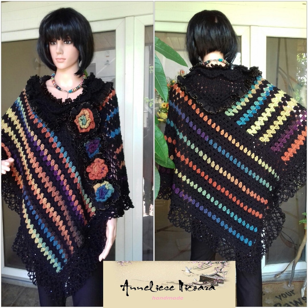 Crochet Poncho /women Elegant Poncho in Black & Rainbow/bohemian Poncho ...