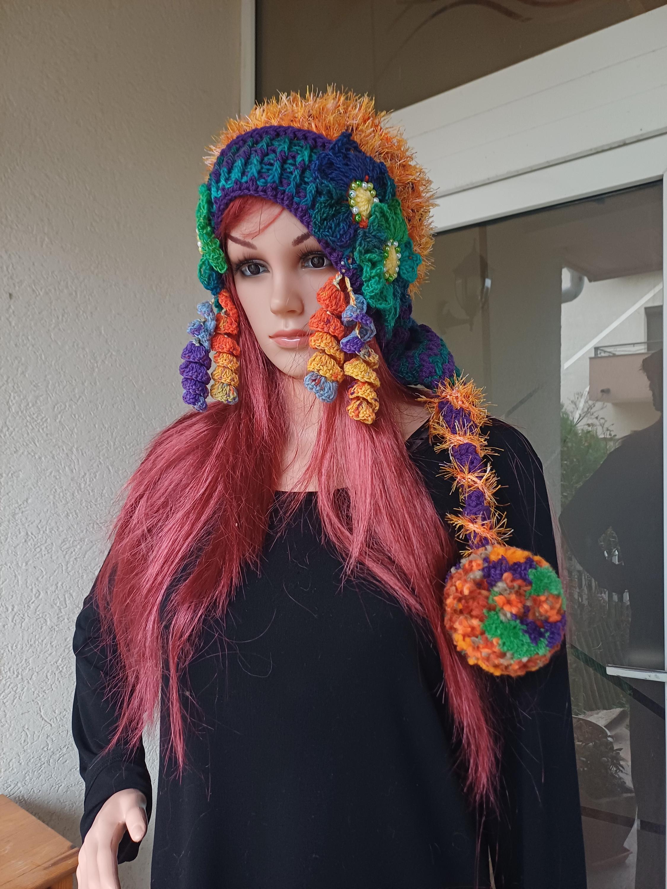 Crochet Long Tail HAT With Flowers/winter Pixie Hat /purple, Orange ...