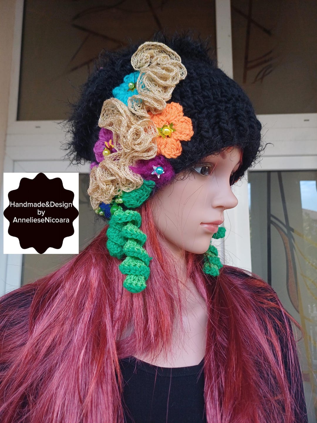 Bohemian Winter Hat-bonnet With Flowers/black Hat With Flowers /gift ...