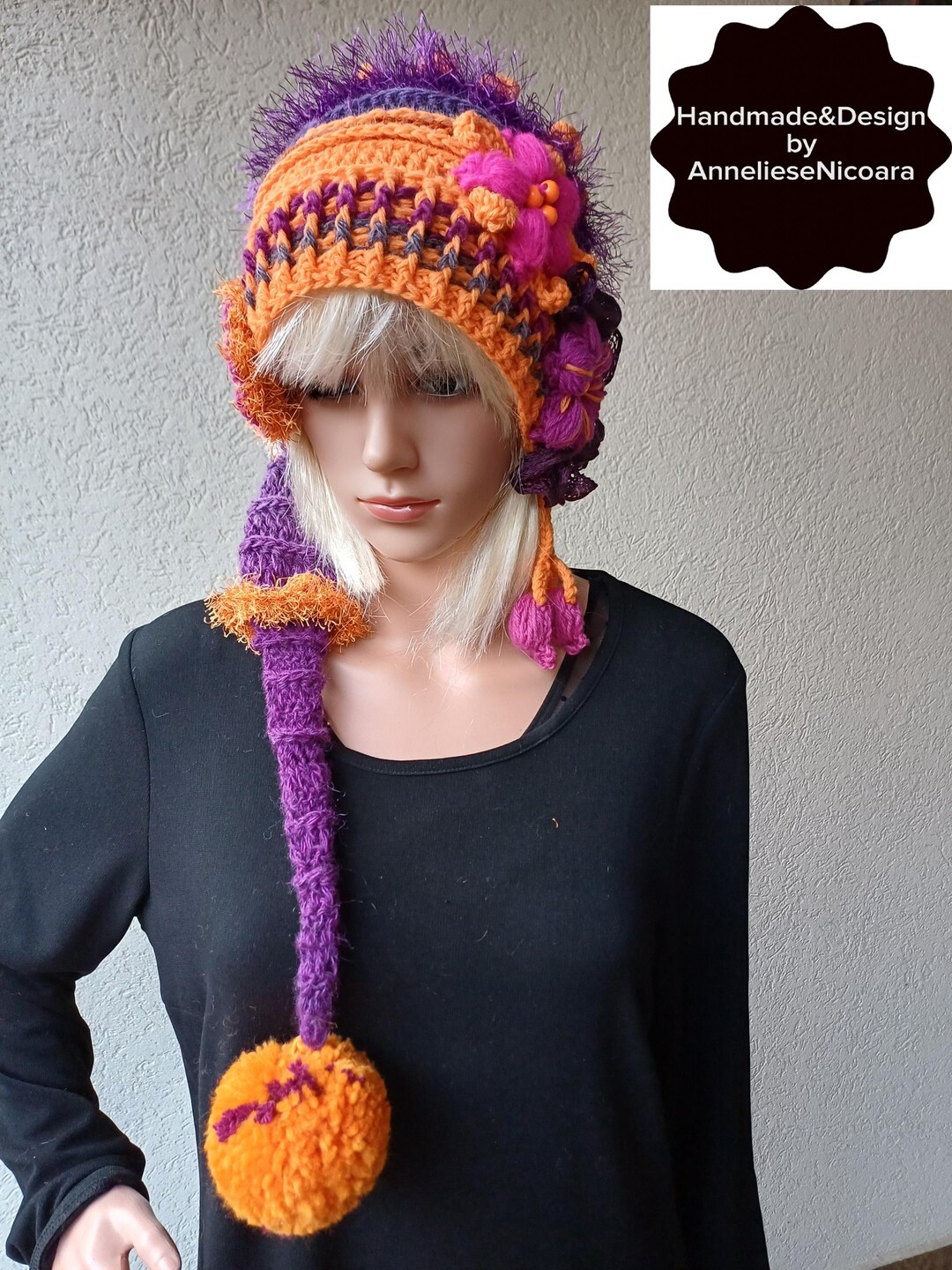 Crochet Long Tail Hat /Fairy Tale Hat in pink ,purple and orange ...