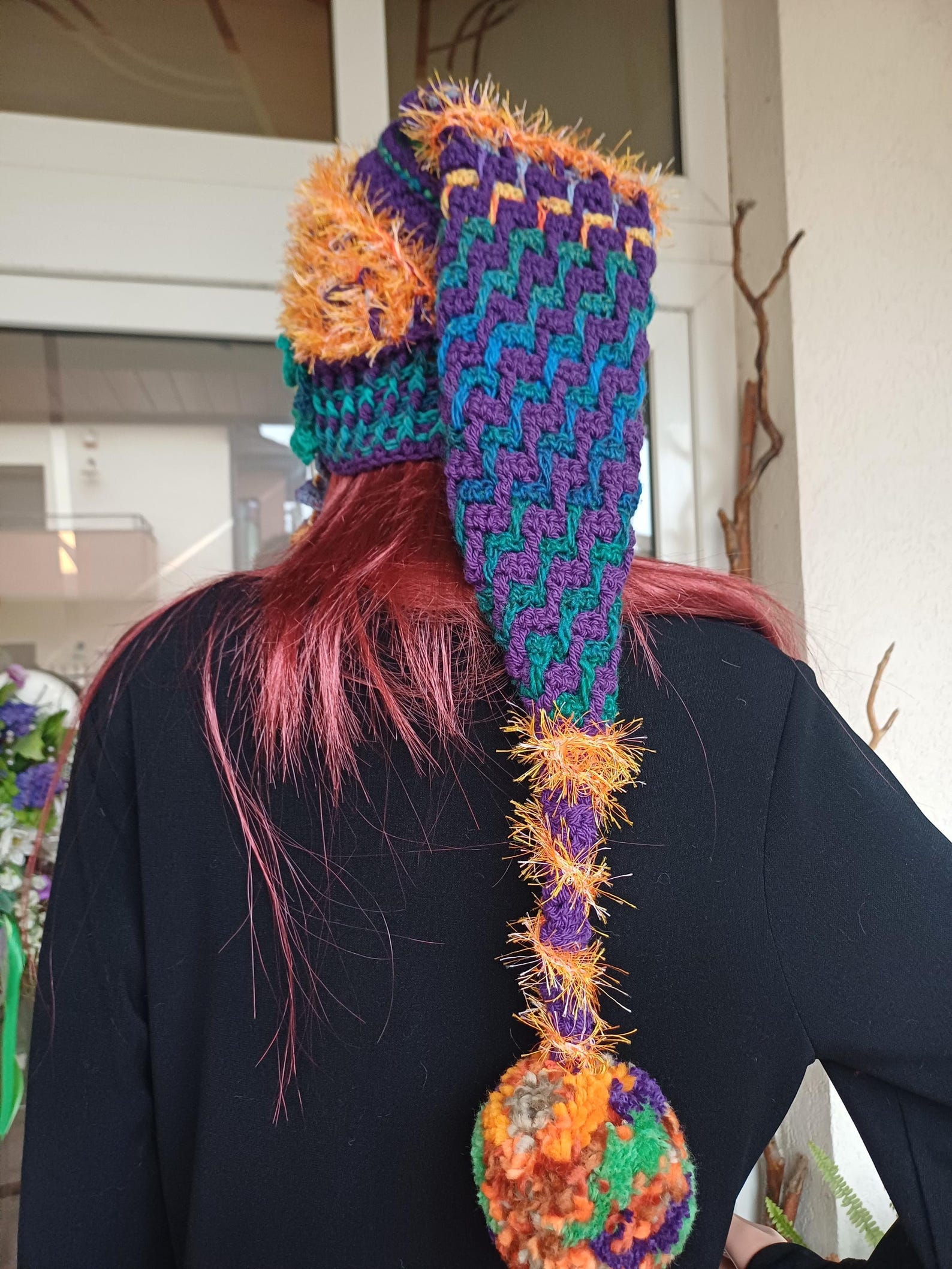 Crochet Long Tail HAT With Flowers/winter Pixie Hat /purple, Orange ...