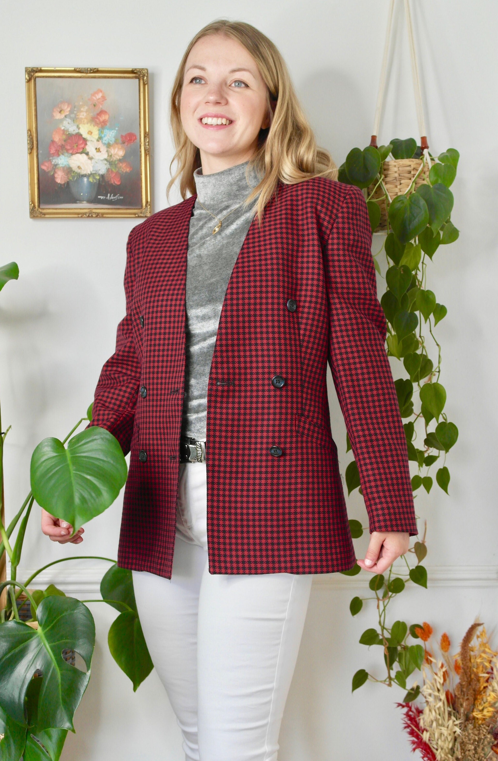 Red Check Jacket UK8 Vintage Blazer Check Print Wool Jacket - Etsy