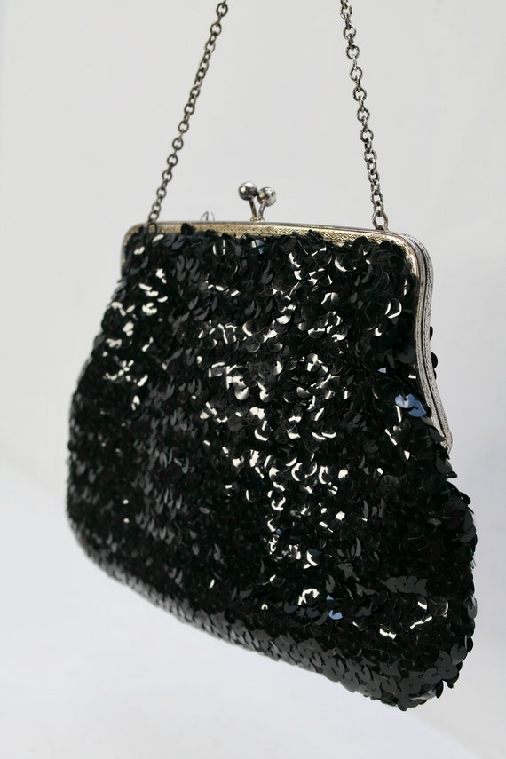 1960s Sequin Purse, Black Sequin Handbag, 1960s Eveni… - Gem