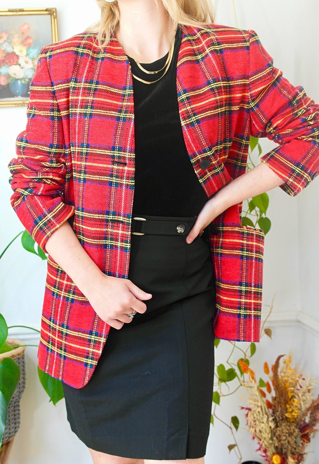 UK10 Plaid Jacket, Red Checked Jacket, 80s Vintage Wool Jacket, Preppy ...