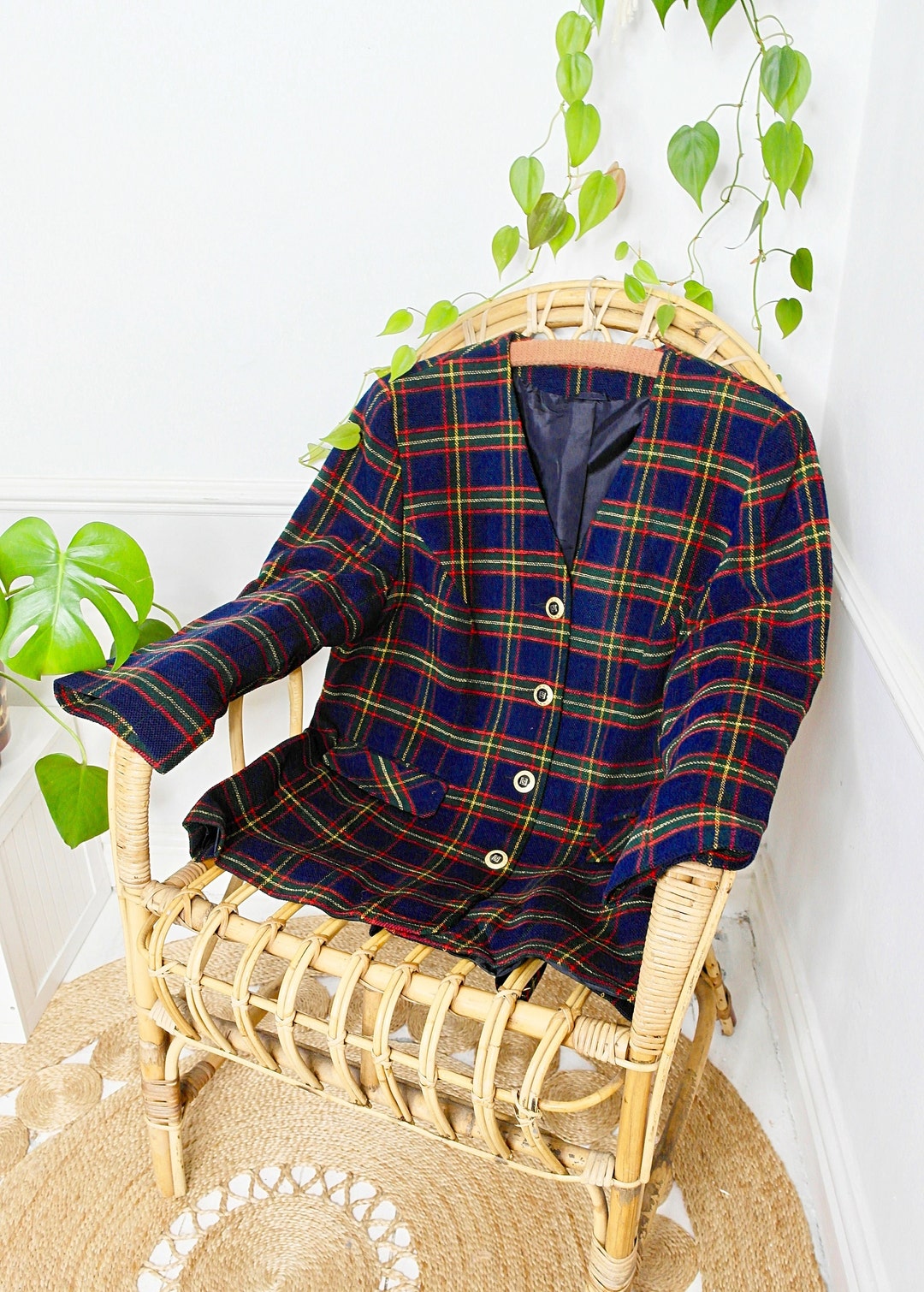 Check Print Jacket, UK20 Vintage Jacket, 90s Plaid Jacket, Wool Blend ...