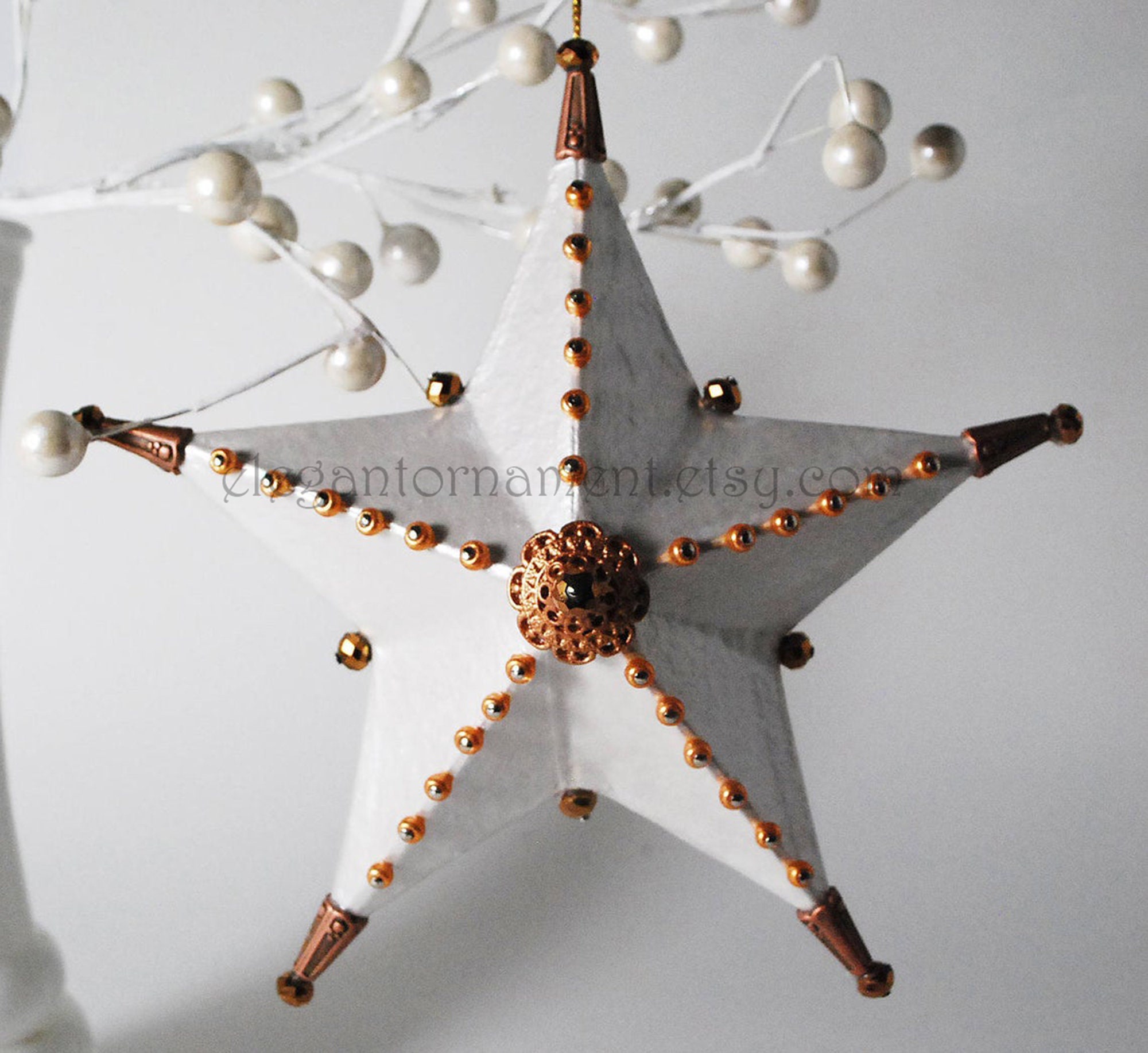White Pearl Star Paper Mache Christmas Holiday Elegant Ornament Artist ...