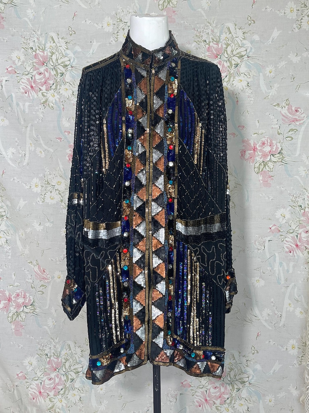Vintage Black Silver Gold Sequin Beaded Duster Jacket With Jewels - Etsy
