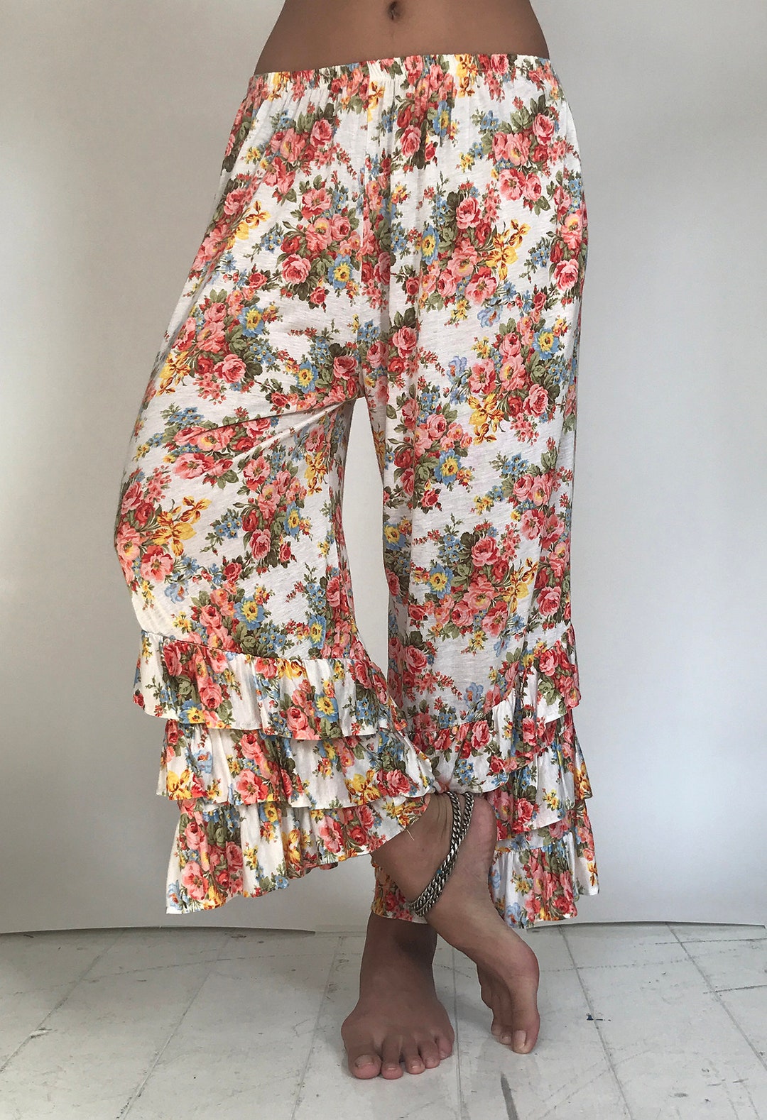 White Orange Floral Rose Bloomer Capri Pants / Pantaloons / Ruffle ...