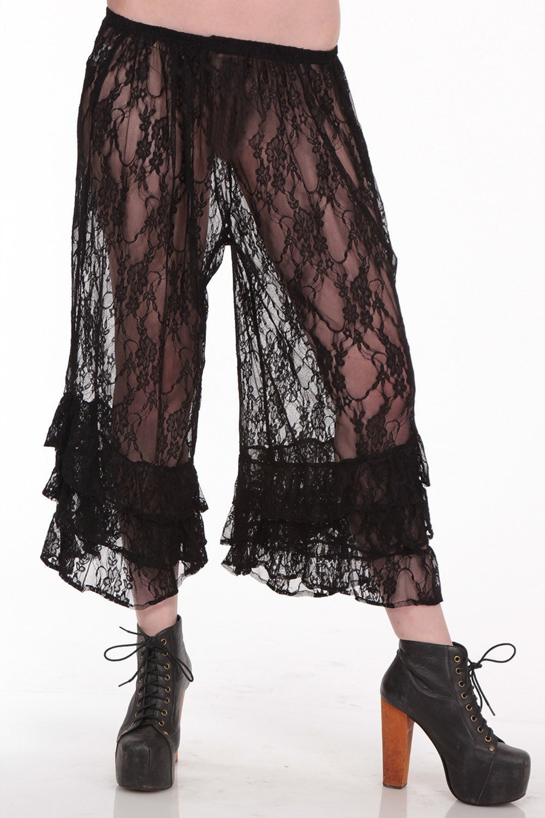 Black Lace Ruffle Bloomer Pants, Lace Capri Pants - Etsy