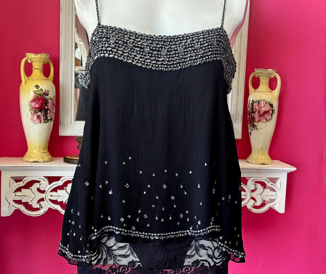Vintage Black Silk Chiffon Rhinestone Flare Top - Etsy