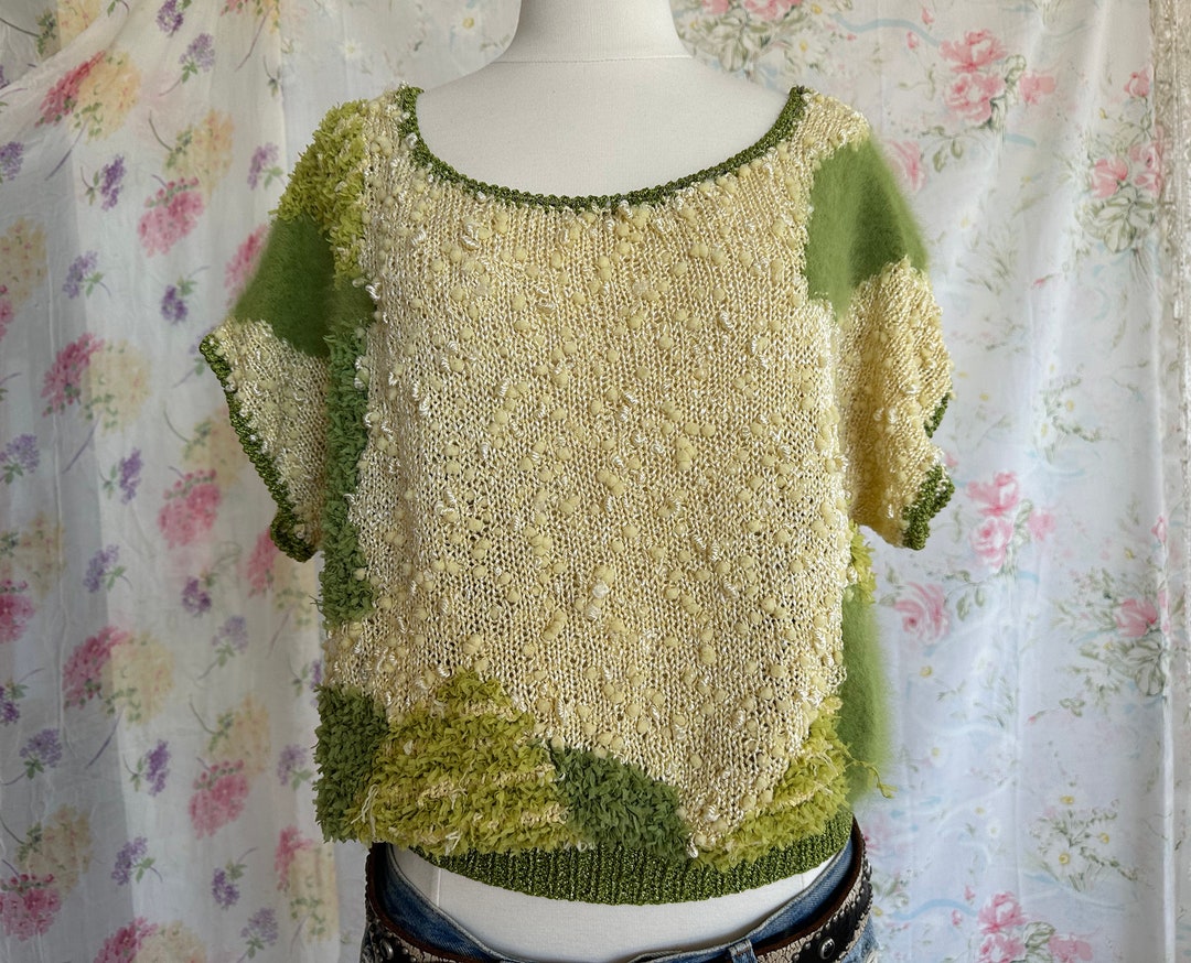 Vintage 80s Green and Beige Knobby Trophy Sleeve Sweater Top - Etsy UK