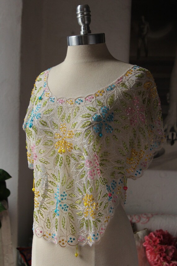 1970s Vintage Sheer Sequin Floral Beaded Embroidered Gem