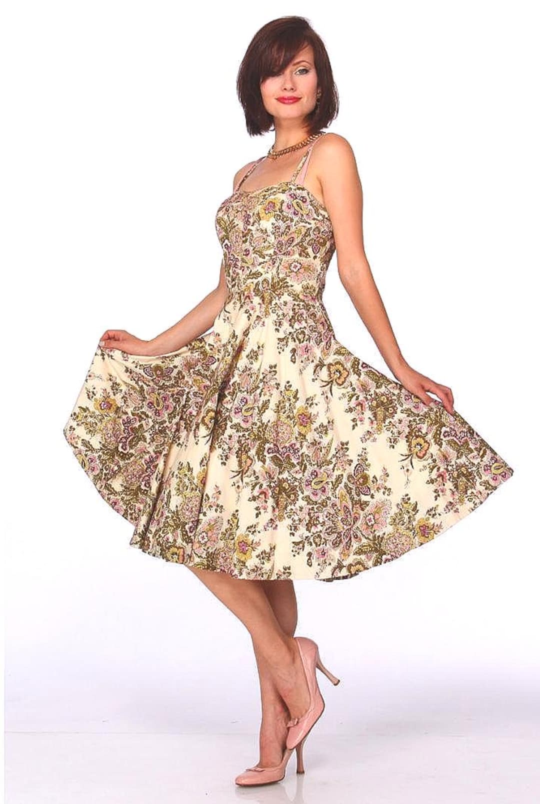 1950s Style Floral Dress Fit and Flare Dress Sequin Dress Full Swing ...