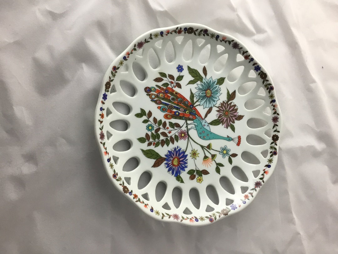 Vintage Schmidt Porcelain Peacock Plates, Laced Edge and Floral Trim (6 ...