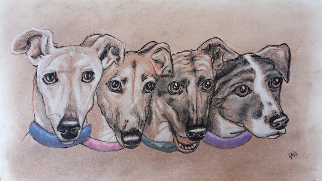 12" X 20" Custom Multiple Dog Portraits Original Chalk, Charcoal ...