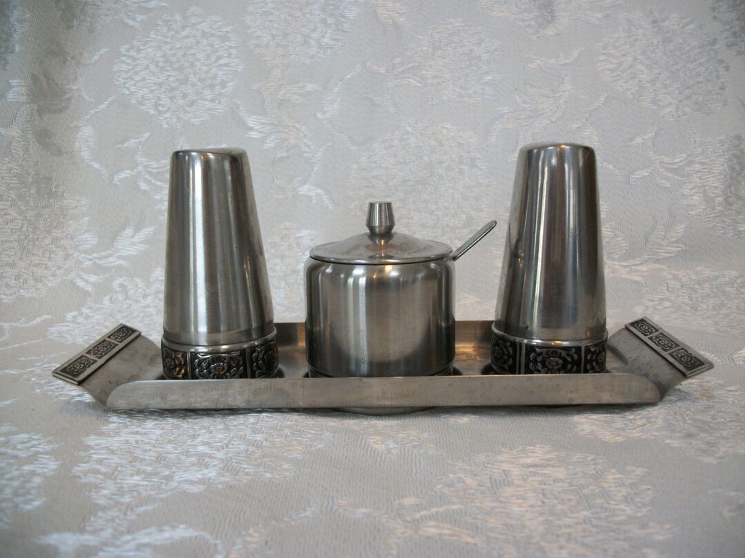 Vintage Salt and Pepper Condiment Set With Tray Steel Chrome Metal Mid ...