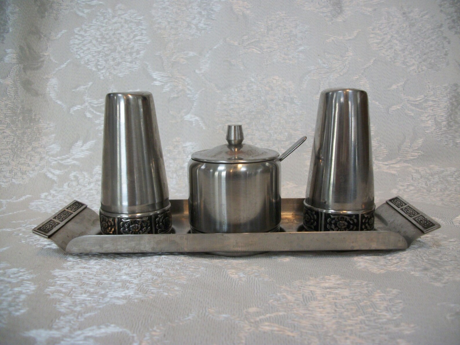 Vintage Salt and Pepper Condiment Set With Tray Steel Chrome Metal Mid ...