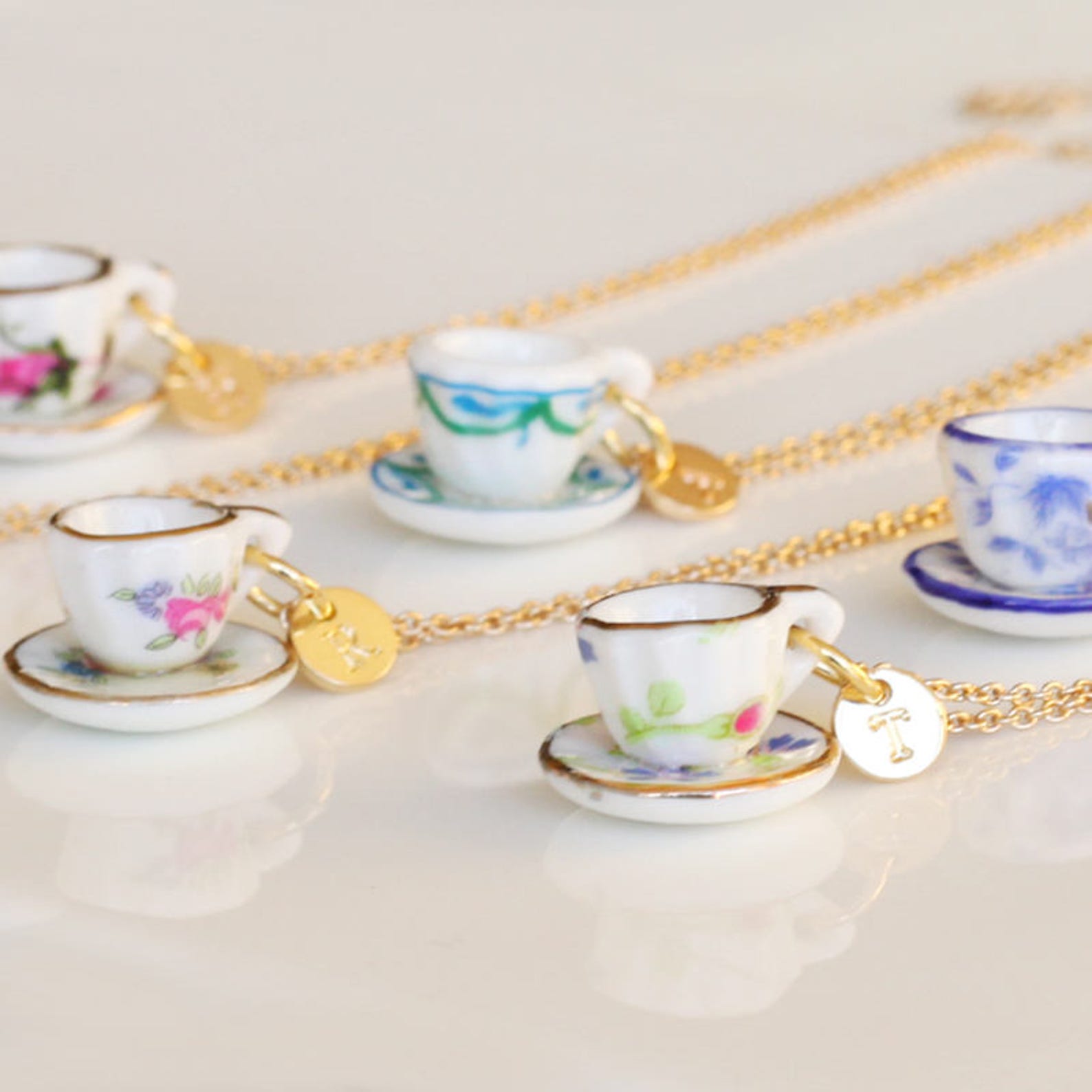 Tea Party Cup Necklace, Personalized Initial Necklace, Tiny Tea Cup ...