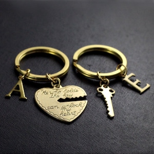 He Who Holds the Key Gold Keychain,initial With Heart Key, His and Her ...