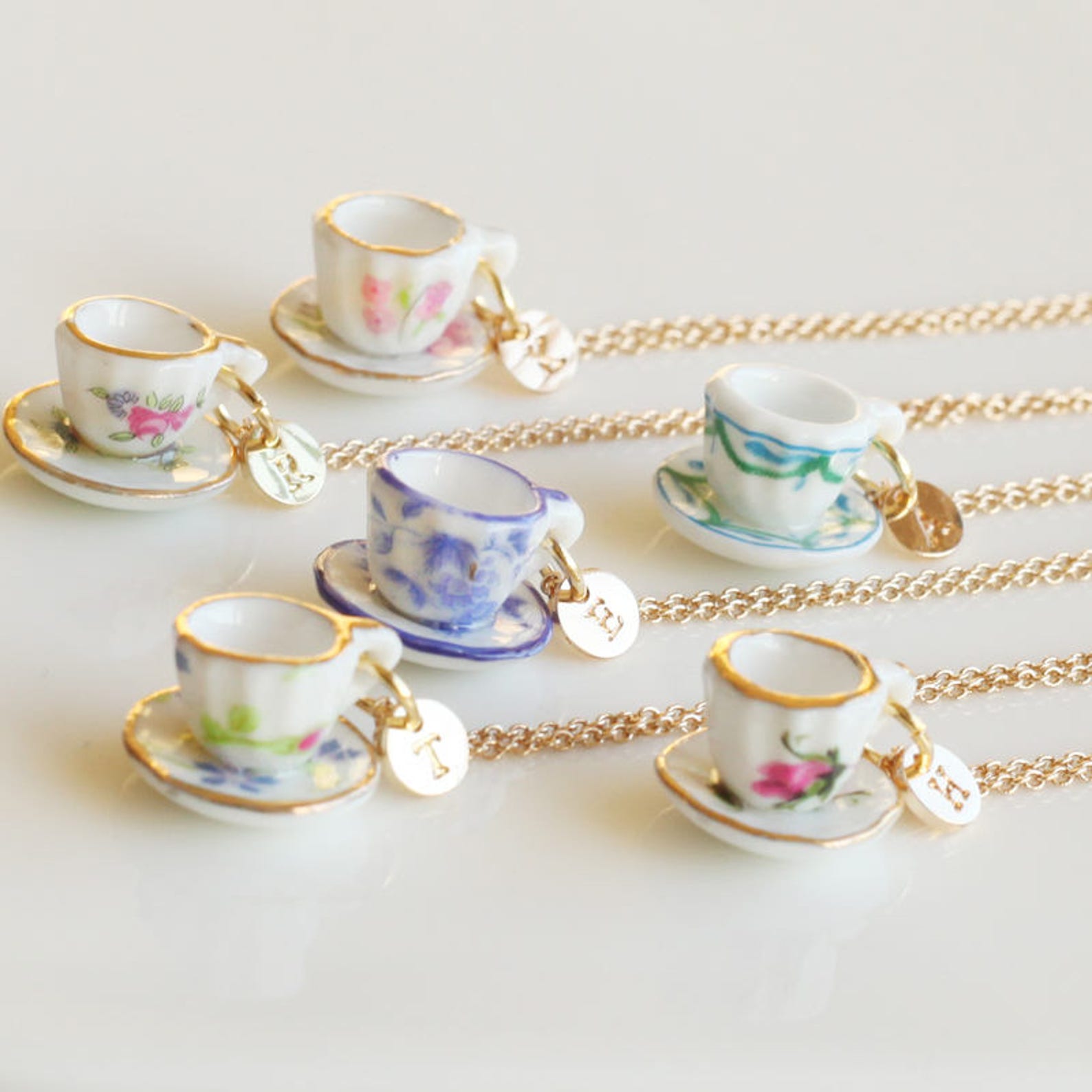 Tea Party Cup Necklace, Personalized Initial Necklace, Tiny Tea Cup ...