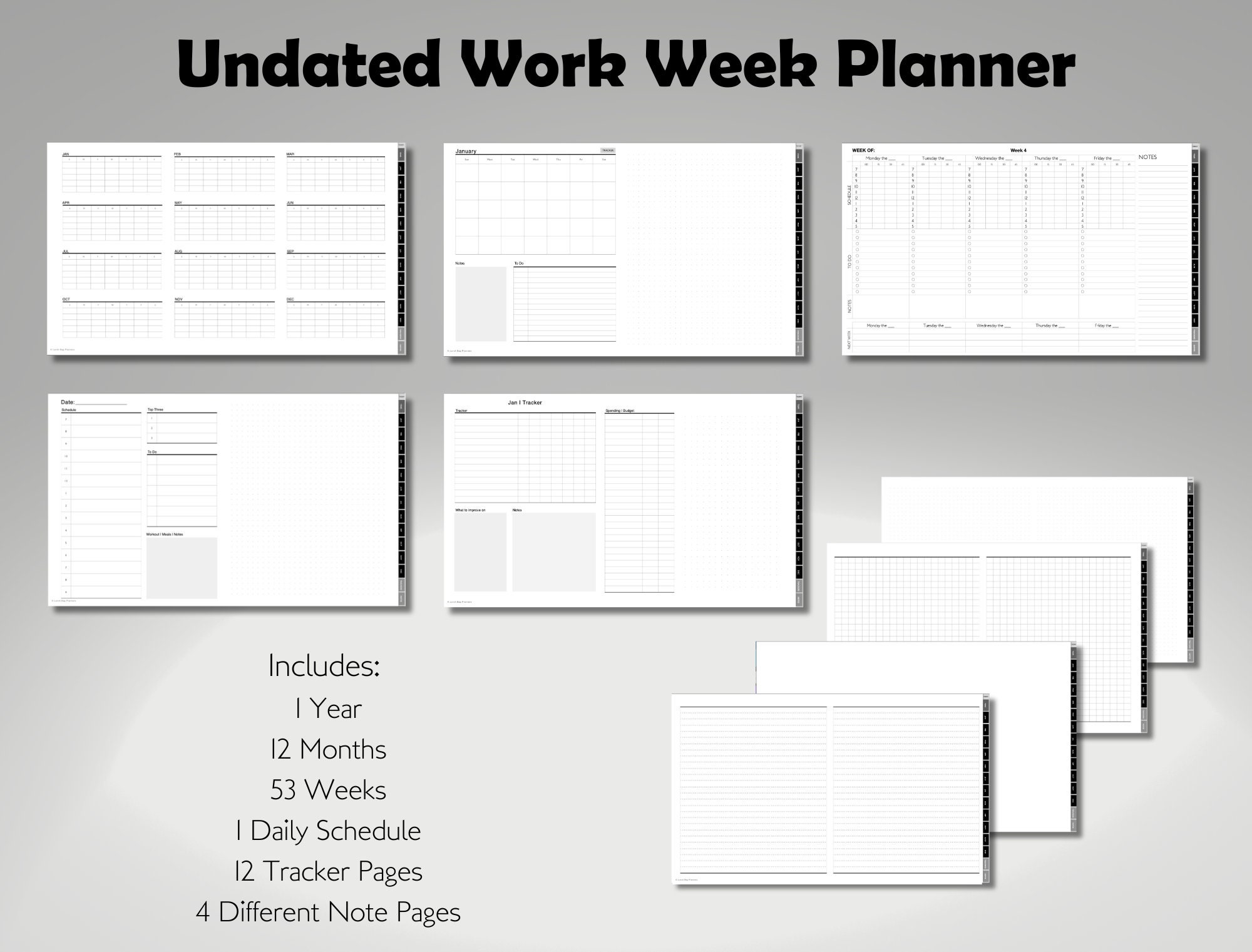 Undated Digital Work Week Planner / Landscape / Year, Month, Week ...