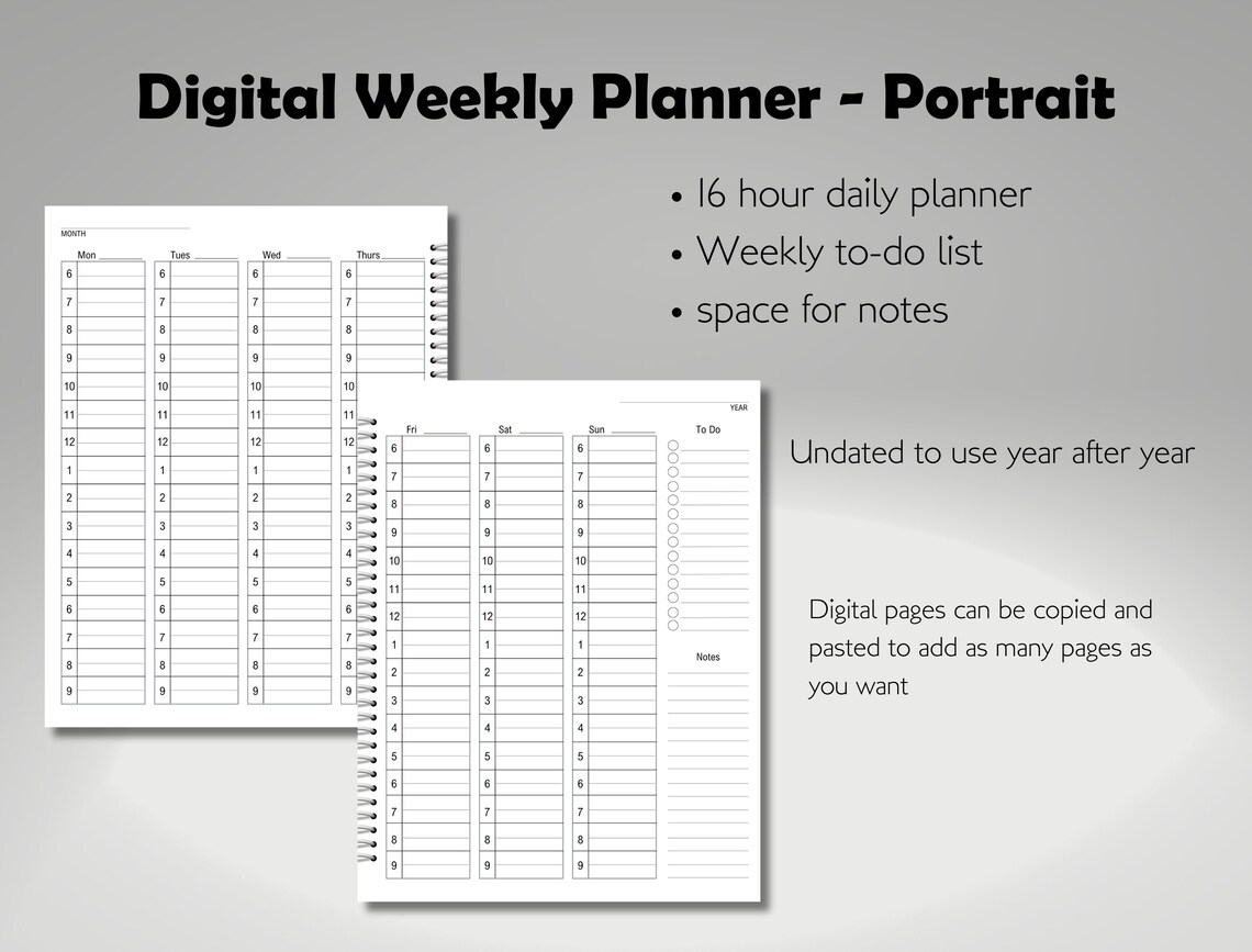 Digital Weekly Planner / Portrait | PDF Download - Etsy