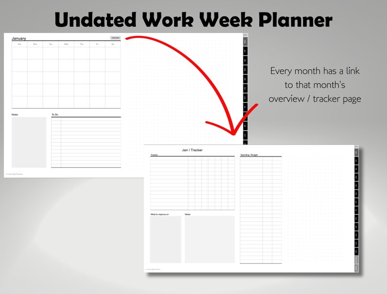 Undated Digital Work Week Planner / Landscape / Year, Month, Week ...