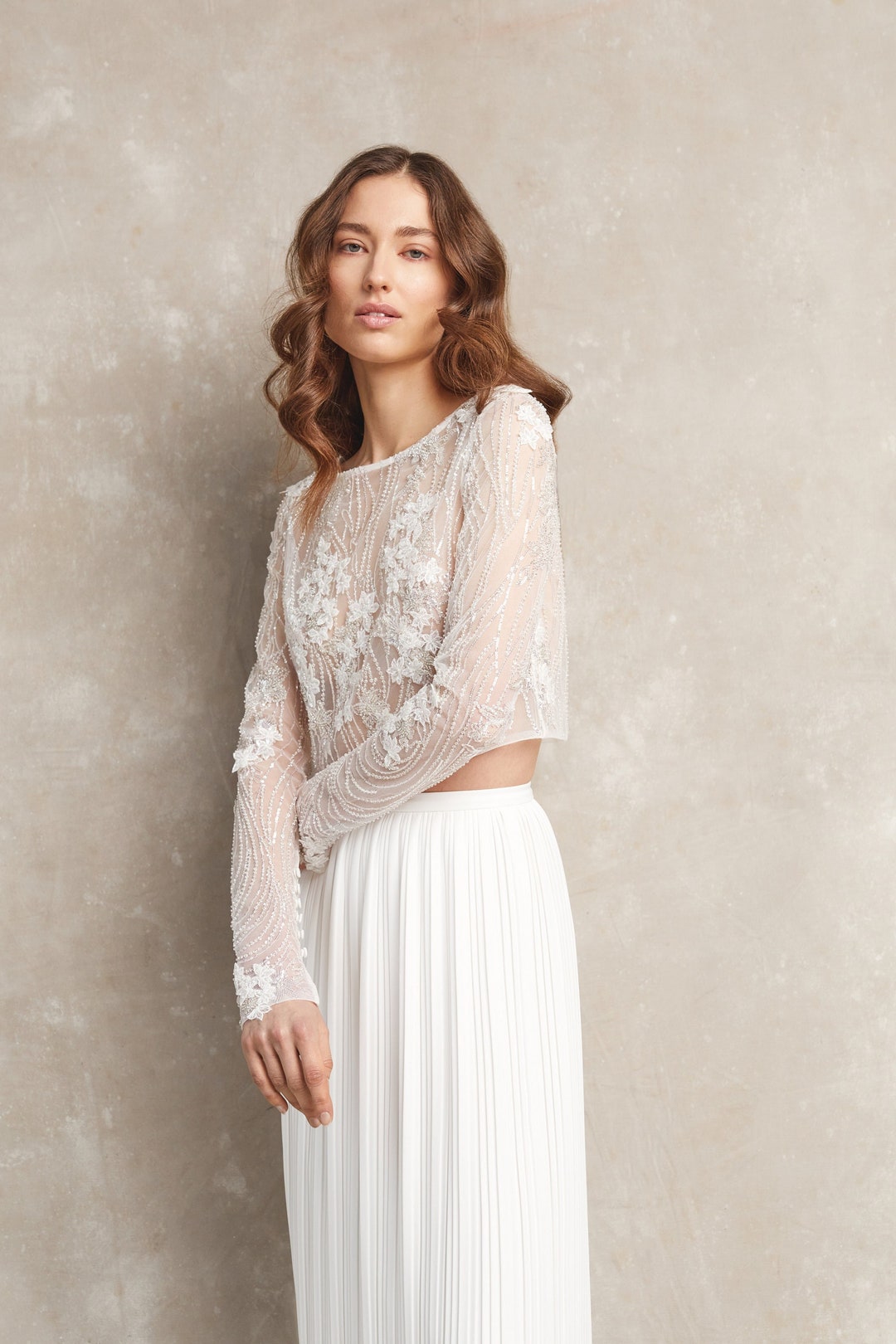 Langarm-Hochzeitstop, Hochzeit Top mit Blumenspitze, Braut Spitzen Top ...