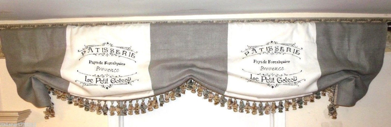 Custom "bay Window" French Country/ Latin Script With Burlap Valances ...
